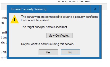 The server you are connected to is using a certificate that cannot be verified – CapraHost